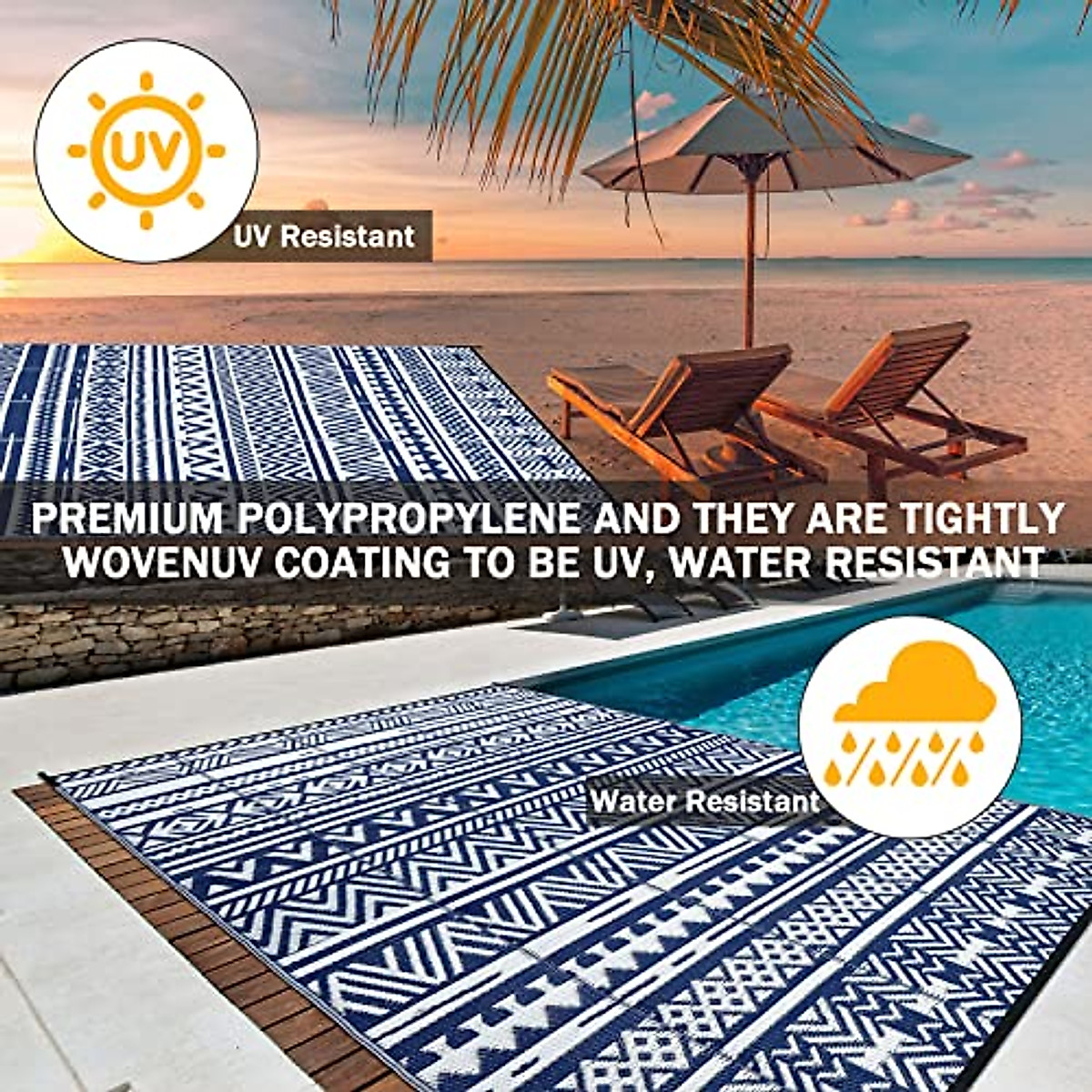 HiiARug 5'x8' Reversible Outdoor Rug, Plastic Straw Rugs, Large Floor Mat and Rug for RV, Patio, Backyard, Deck, Picnic, Beach, Trailer, Camping(Navy/White)