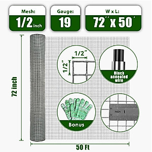 Nueve Deer Hardware Cloth 6 foot x 50 foot 1/2 inch Mesh 19 Gauge, Hot Dip Galvanized After Welding, Welded Wire Mesh Roll Chicken Wire Fencing Cage Wire Rodent Wire