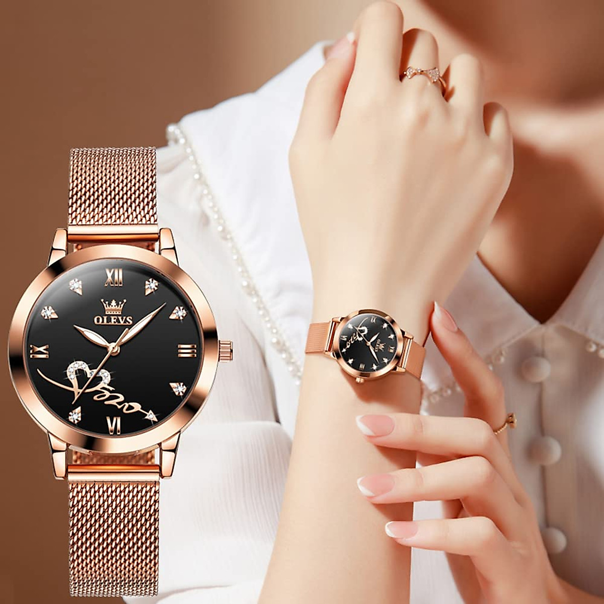 OLEVS Womens Watches Rose Gold Mesh Strap Fashion Dress Quartz Waterproof Luminous Watches for Women Bracelet Sets Black Face