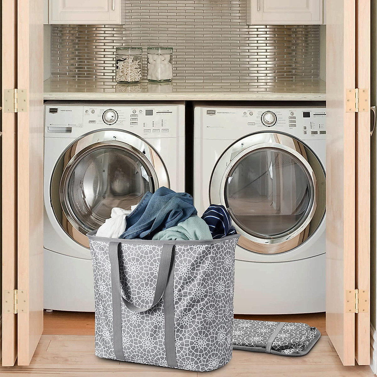 YOHOM Portable Laundry Caddy, Collapsible Basket Tote, Space-Saving Foldable Laundry Hamper, Pop-Up Storage Basket with Long Carry Handles for Dorm Dirty Clothes (Gray Flower, Large)