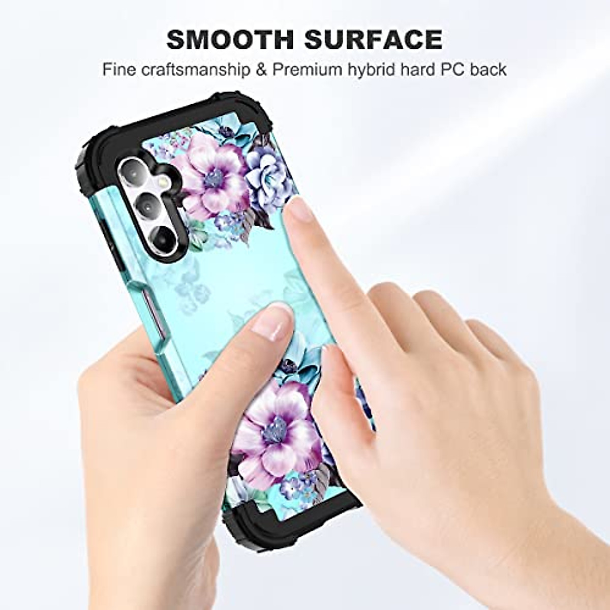 Casetego for Galaxy A14 5G Case,[2 Pack Tempered Screen Protector+2 Pack Camera Lens Protector],Floral Three Layer Heavy Duty Sturdy Shockproof Full Body Protective Case for Samsung A14,Blue Flower