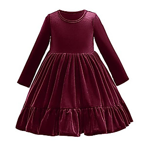 IMEKIS Christmas Dress for Toddler Girls Velvet Dress Baby Winter Pageant Party Gowns Kids Princess Long Sleeve Wedding Evening Gown Xmas Holiday Thanksgiving Birthday Fall Outfit Burgundy 5-6X