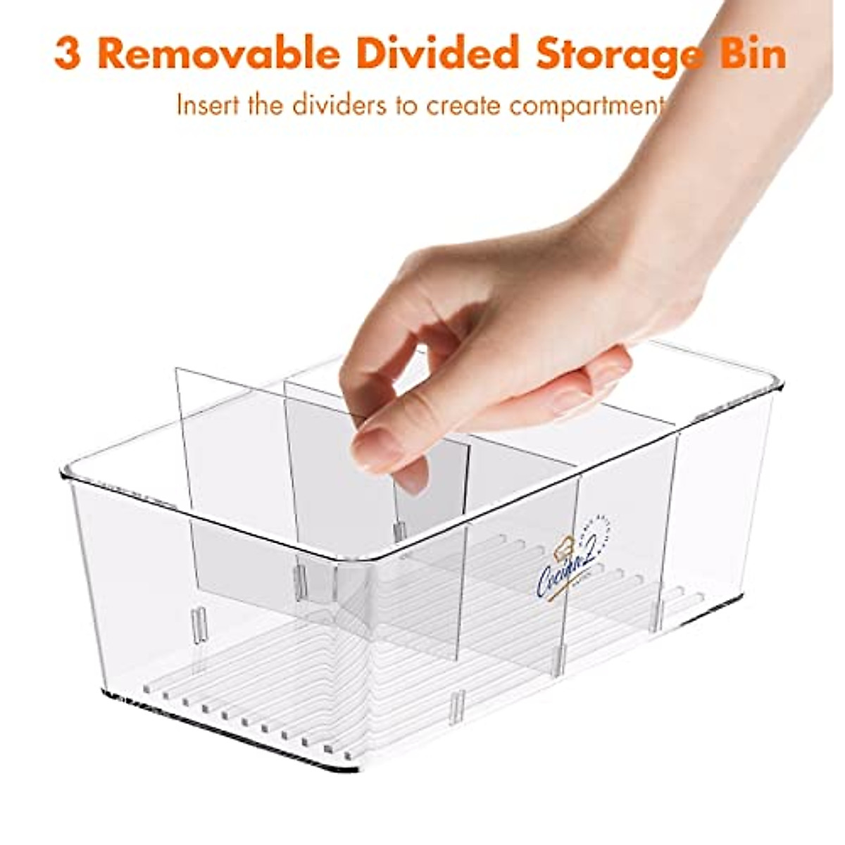 CocinaZ KATTOL Clear Storage Bins – Stackable Storage Bins with Removable Dividers –Clear Organizing Bins for Food Storage, Fridge, Kitchen, Pantry –4-Compartment Clear Plastic Storage Bin (4 Pack)