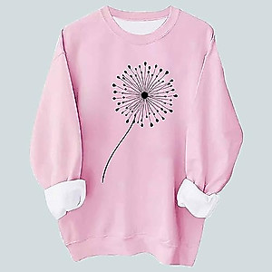 Long Sleeve Sweater For Women 2023 Winter Dandelion Print Sweatshirt For Women Sunflower Floral Round Neck Pullover Long Sleeve Fall Winter Sweatshirts 2023 F3-Pink Large