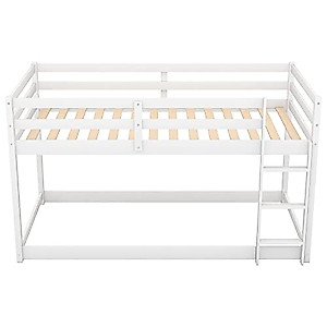 Merax Twin Over Twin Floor Bunk Bed with Ladder, White