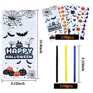 FuraHa 150 pcs Halloween Cello Bags Halloween Cellophane Treat Bags with Ties for Candy Cookie Goodies Gift Wrap Halloween Trick or Treat Party Favors, 6 Designs