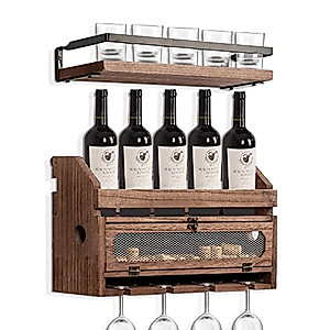 TRSPCWR Wall Mounted Wine Rack and Shelf Set of 2, Wood Rustic Floating Shelf, Wine Bottles & Glasses Holder with Cork Storage Store, Wine Decor and Storage Holder for Kitchen Dining Room Bar