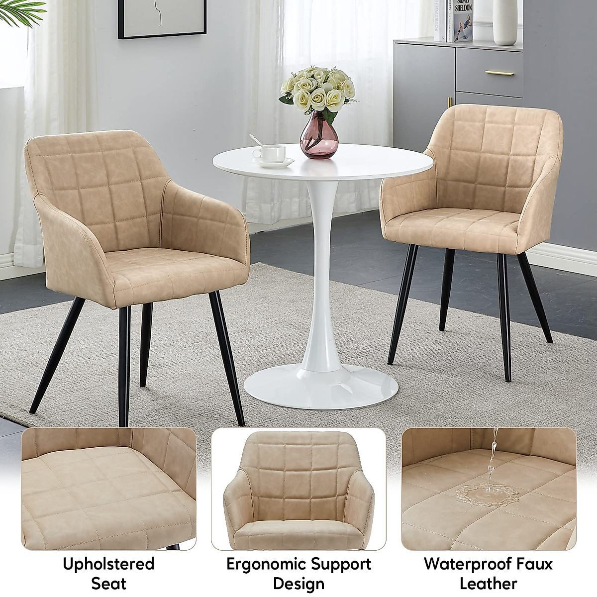 CLIPOP Faux Leather Accent Dining Chairs Set of 4, Upholstered Modern Kitchen Chairs with Arms, Metal Legs, Backrest, Leisure Armchairs for Living Room Office Cafe Restaurant Home Funiture, Beige