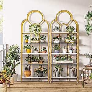 Tribesigns 5-Tier Gold Bookshelf Bookcase, Modern Bookcase with Open Storage Shelves, Tall Display Shelf Plant Flower Stand Rack for Bedroom Living Room Home Office, White & Gold