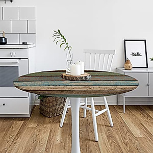 Round Fitted Tablecloth Retro Woodern Polyester Table Cloth with Elastic Edge for Round Table, Waterproof Wipeable Table Cover for Indoor Outdoor Picnic, Fits Tables up to 36" - 42" Diameter