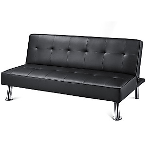 Topeakmart Tufted Faux Leather Sofa Couch Foldable Sofa Sleeper Bed Black Guest Couch Bed Converts to Recliner and Bed