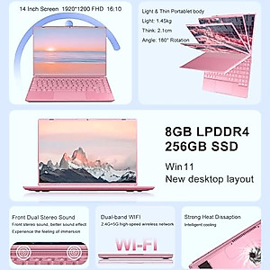 Ruzava/Aocwei 14" Laptop 8GB DDR4 256GB SSD Celeron Intel N5095 (Up to 2.9Ghz) 4-Core Win 11 PC with Cooling Fan 1920 * 1200 2K FHD Screen Dual WiFi Support 1TB SSD Expand for Game Work Study-Pink