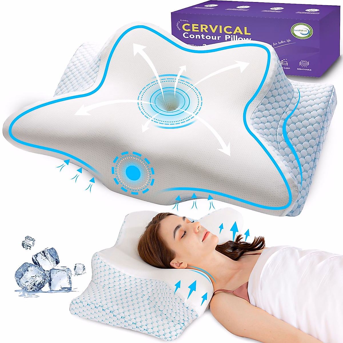 Iwacool Cooling Cervical Pillow for Neck Pain Relief and Memory Foam Pillows