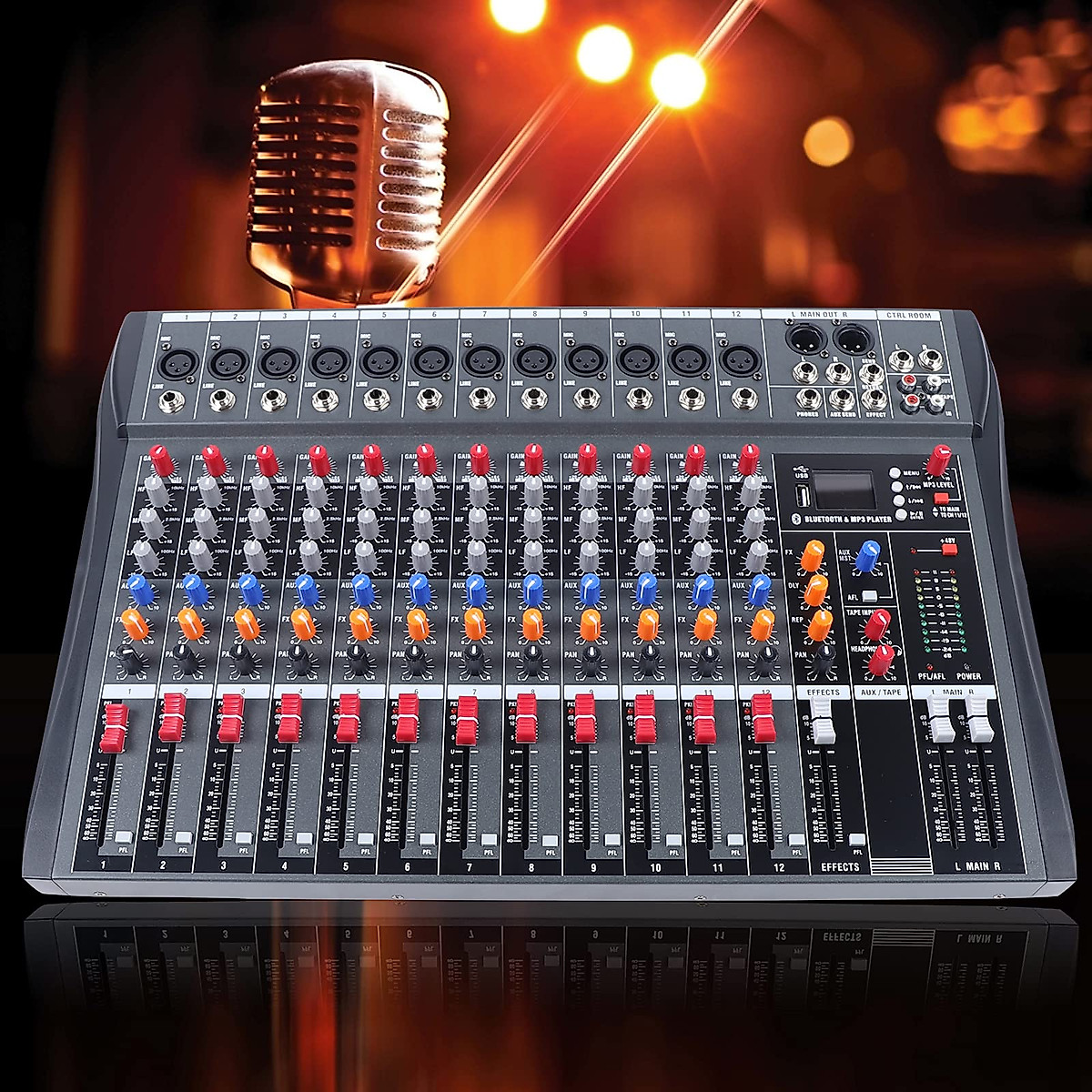 Pro 12 Channels Live Audio Mixer Bluetooth USB DJ Sound Mixing Console with 3 Stage Equalization Regulate 6 Modes Of Music for Family Ktv,Campus Speech,Meeting Etc