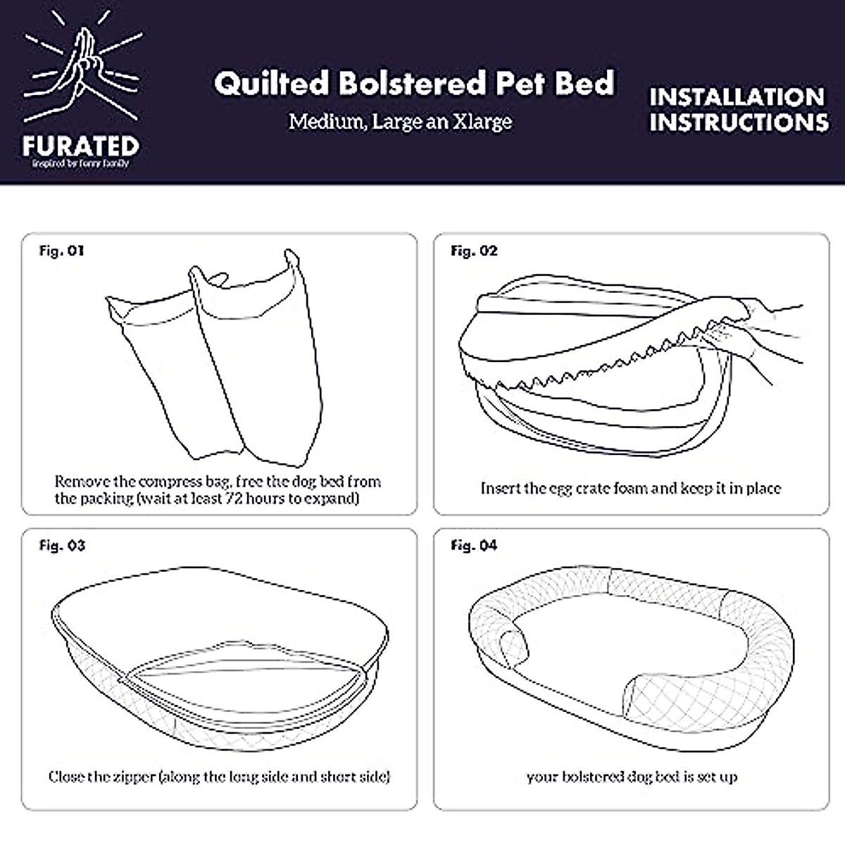 Furated Orthopedic Dog Beds for Large Dogs, Curved Bolster Dog Couch Bed with Egg-Crate Foam, Dog Sofa Bed with Removable Washable Cover and Waterproof Liner, Iron Gray, L