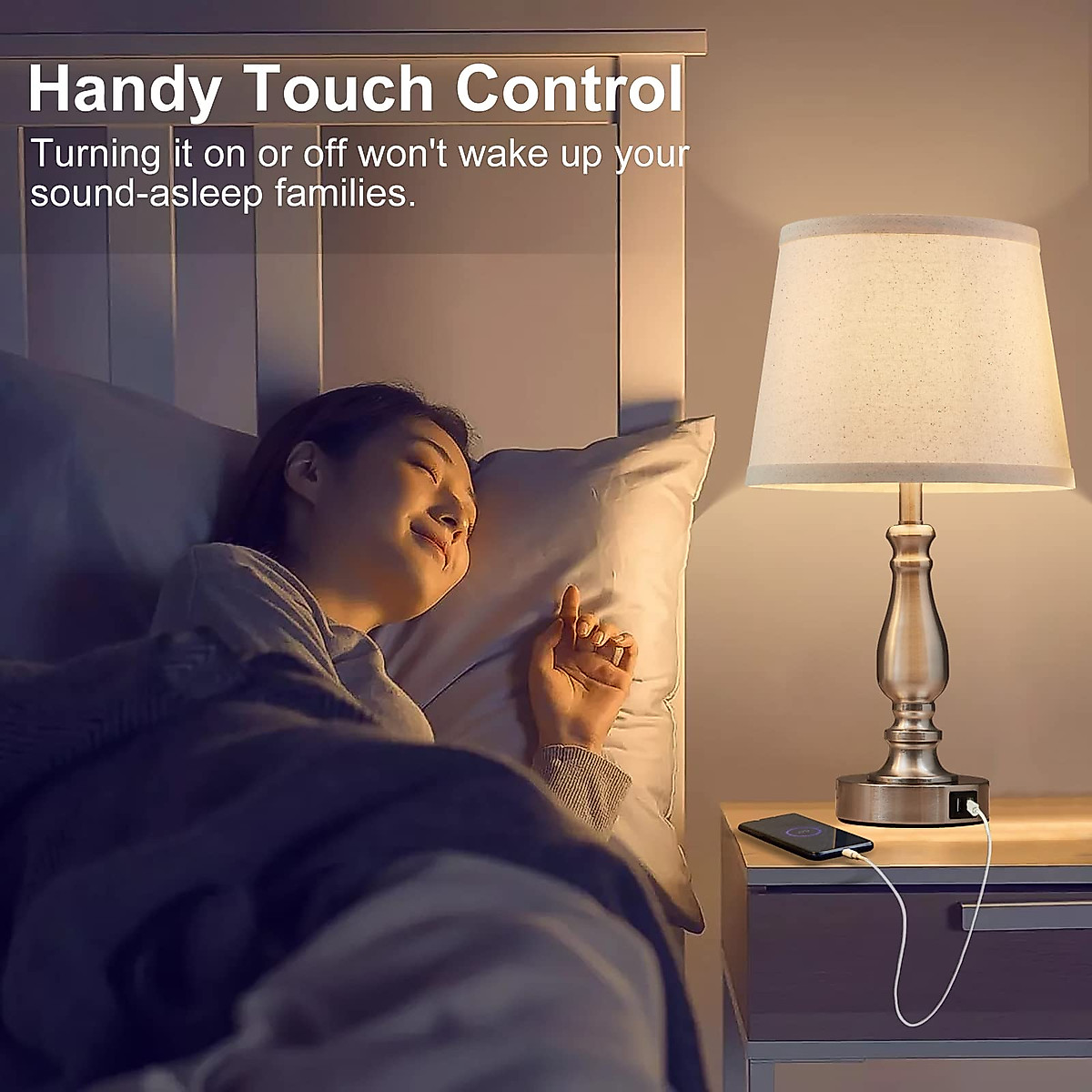 Lamps for Bedrooms Set of 2, Brushed Nickel Bedside Lamps with USB C+A Ports, 3 Way Dimmable Nightstand Lamps with Fabric Lampshade, Touch Table Lamp for Living Room Bedroom Office, Bulbs Included