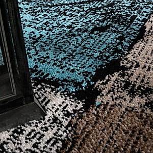 Modern Area Rug for Living Room Abstract in Brown Cream Blue Checkered, Size: 6'7" x 9'2"