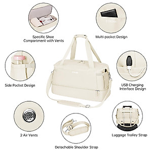 ETRONIK Gym Bag for Women, 55L Travel Duffel Bag with USB Charging Port, Weekender Overnight Bag with Wet Pocket and Shoes Compartment for Women Travel, Large Size (Beige)