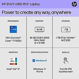 HP Envy x360 15 inch Laptop, FHD Display, Intel Core i7-1355U, 16 GB RAM, 1 TB SSD, Intel Iris Xe Graphics, Windows 11 Home, 15-ew1199nr (2023),Silver