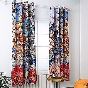 Xiongfeng Floral Curtains Blackout Boho Vintage Window Panels Room Darkening Flowers Print Curtain Drapes with Grommet Thermal Insulated for Living Room Dining Room Bedroom, 52" × 84" , 2 Panels