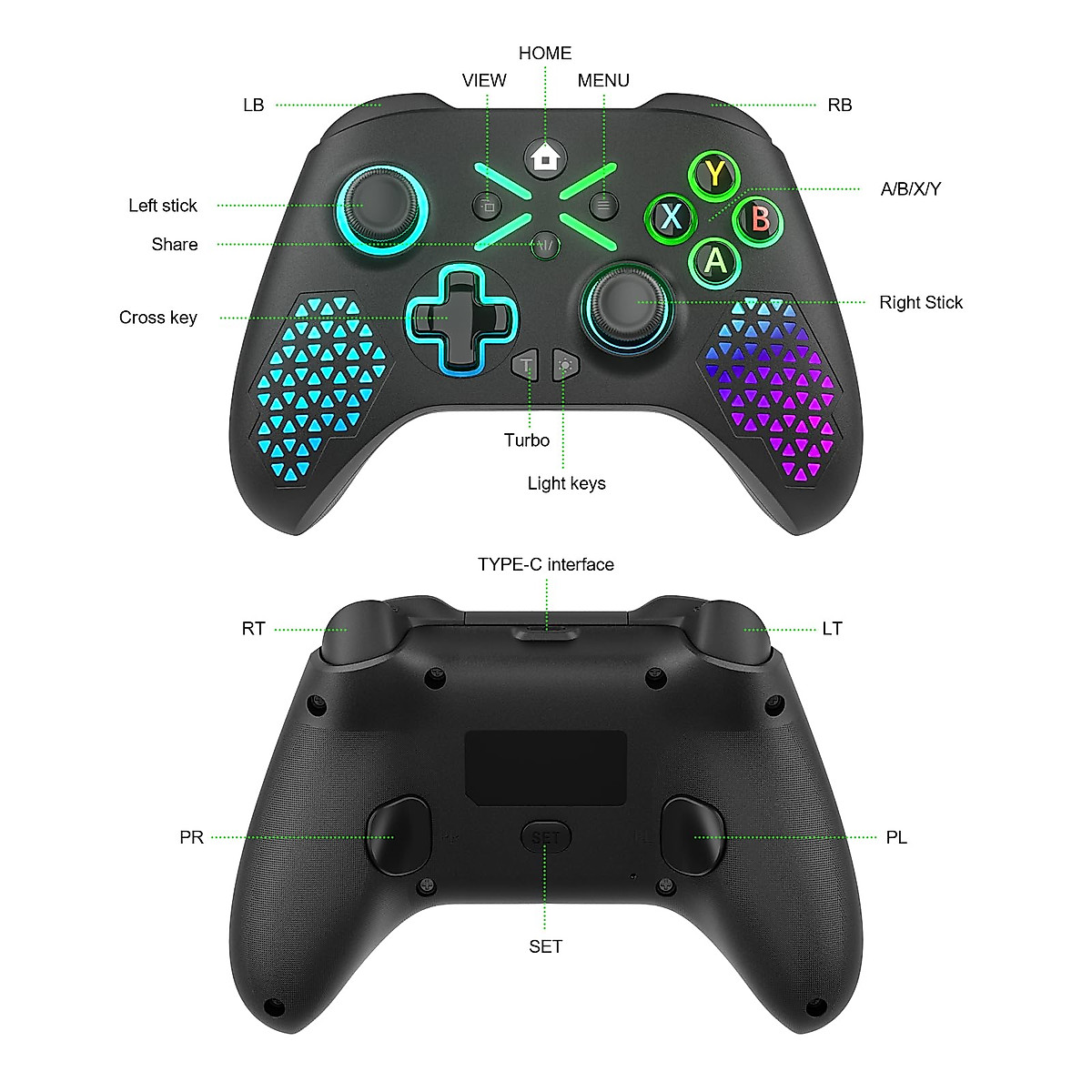 Dinosoo RGB Wireless Controller for Xbox Series X/S/Xbox One/Xbox One S/One X, Android PC, Built-in Battery Dual Vibration Turbo Function 3.5mm Headphone Jack Macro Function, 2.4GHz Adapter 1025 SYH