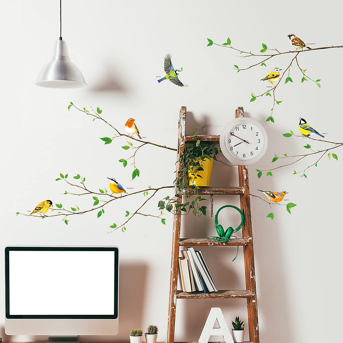 DECOWALL SG-2111 Birds on Tree Branch Wall Decals Flying Bird Green Leaves Stickers Removable for Kids Nursery Bedroom Living Background Room Home Decor Art DIY