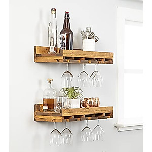 del Hutson Designs Rustic Luxe 24 Inch Farmhouse Solid Pine Wood Wall Mount Wine Bottle Stemware Rack Display Shelf, Set of 2, Walnut