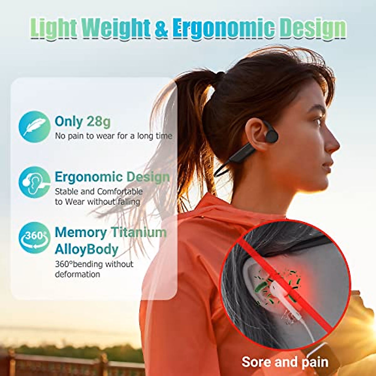 NUTRIG Bone Conduction Headphones, Open Ear Headphones Bluetooth 5.3 Wireless Headset with Mic, Sweat Resistant Earphones for Sports, Driving, Workouts