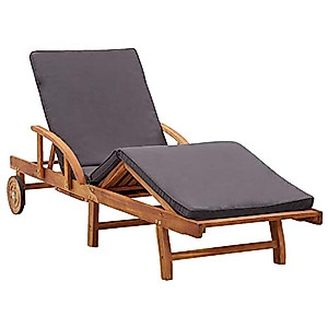 Folding Sun Lounger with Gray Cushion | Foldable Chaise Lounge with Wheels | Adjustable Outside Patio Sunlounger | Outdoor Wooden Garden Lounge Chair | Weather Resistant Brown Solid Acacia Wood