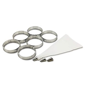 Newline NY Stainless Steel French Pastry Tart Ring Baking Kit - 6 Perforated Round Dessert Rings + 3 Nozzles + 1 Sample Decorating Piping Bag Kit