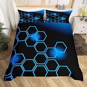 Feelyou Blue and Black Bedding Duvet Cover Set Queen Size Honeycomb Bedding Set for Kids Boys Girls Decor Geometrical Comforter Cover Set Beehive Pattern Blue Bedspread Cover Bedroom Bedclothes