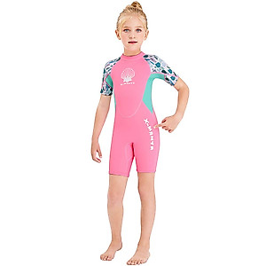 Wetsuit Kids Shorty Neoprene Thermal Diving Swimsuit 2.5MM for Girls Boys Child Teen Youth Toddler, One Piece Children Rash Guard Swimming Suit UV Protection Sunsuit for Surfing (Girl Pink, L)
