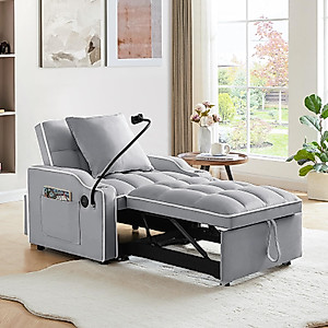 KINFFICT Sleeper Sofa Chair Bed, Convertible 3-in-1 Sofa Armchair, Adjustable Sleeper Chair with Pullout Bed, Single Lounger Futon Chair Bed with Side Pockets for Living Room (Grey)