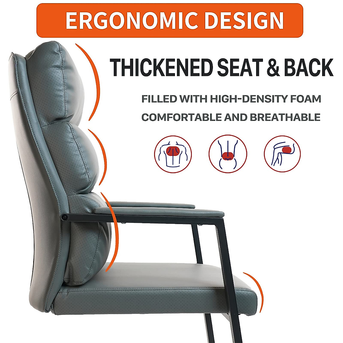 CLATINA Big Tall Office Guest Chair Upholstered Leather Comfortable Reception Chairs with Bonded Padded Arm Rest Sled Base for Conference Waiting Room Home Gray Set of 4