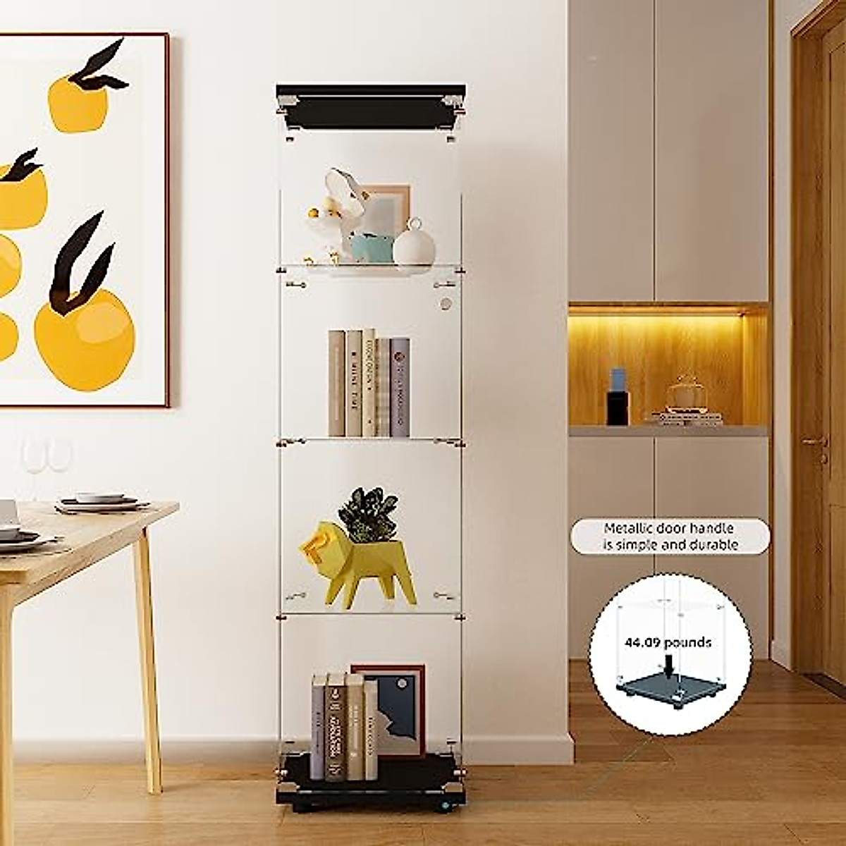 Display Cabinet with Glass Door and Lock, 4-Shelf Fast Installation in 30 Mins Curio Cabinets with 5mm Tempered Glass Floor Standing Bookshelf for Home,Kitchen (Black, 64.6”Hx16.7''Lx 14.4''W)