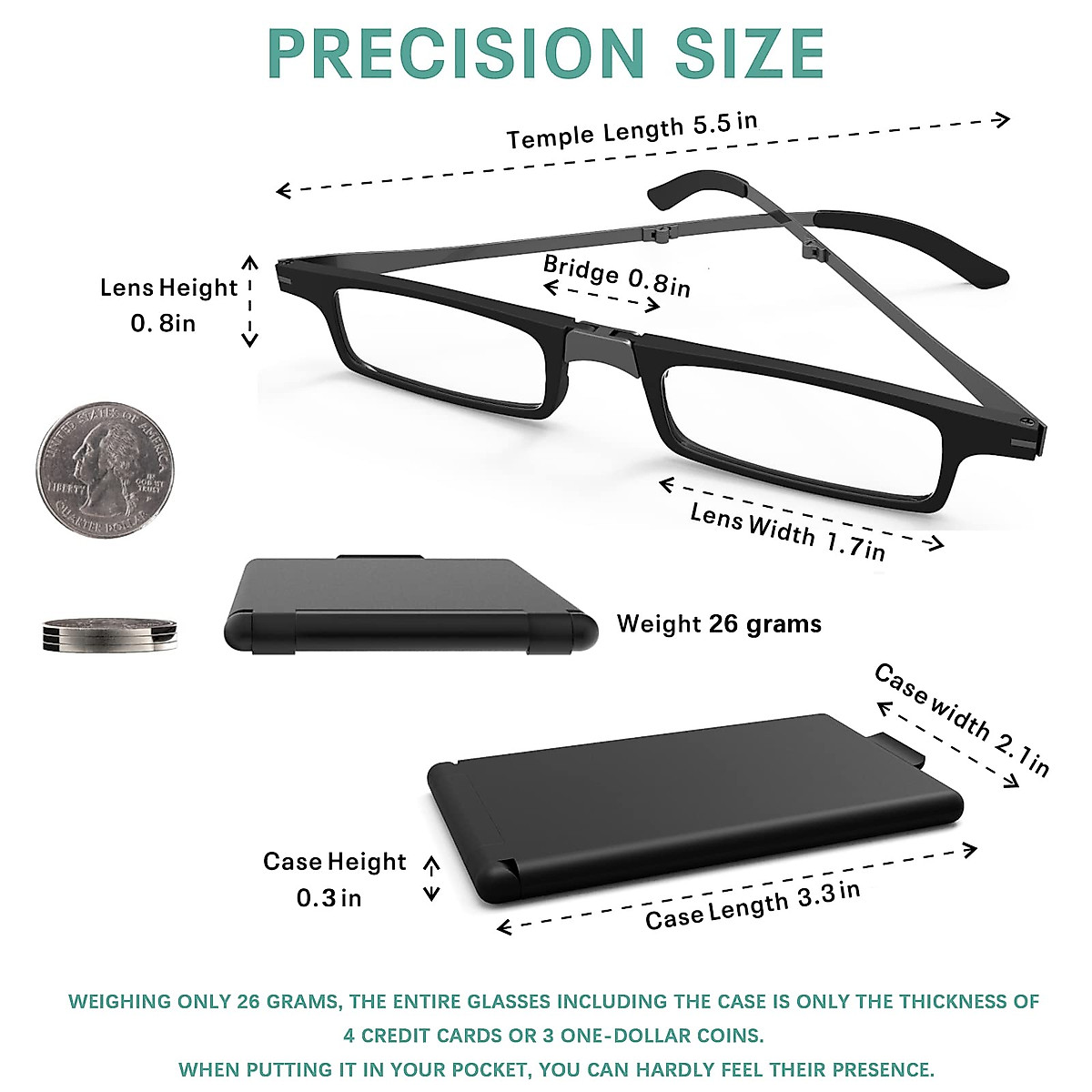Kisdate Ultra-light and Thin Foldable Reading Glasses Folding Readers for Men Women Compact Portable Rectangle Eyewear Case