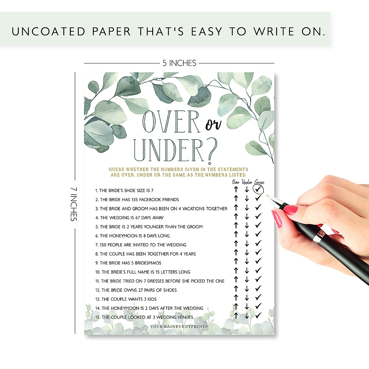 Eucalyptus Bridal Games – Set of 6 Fun Games, 25 Double-Sided Cards Each, Includes He Said She Said, Guest Quest, What's in Your Phone, Over or Under, Bridal Shower Love Match, and Would She Rather?