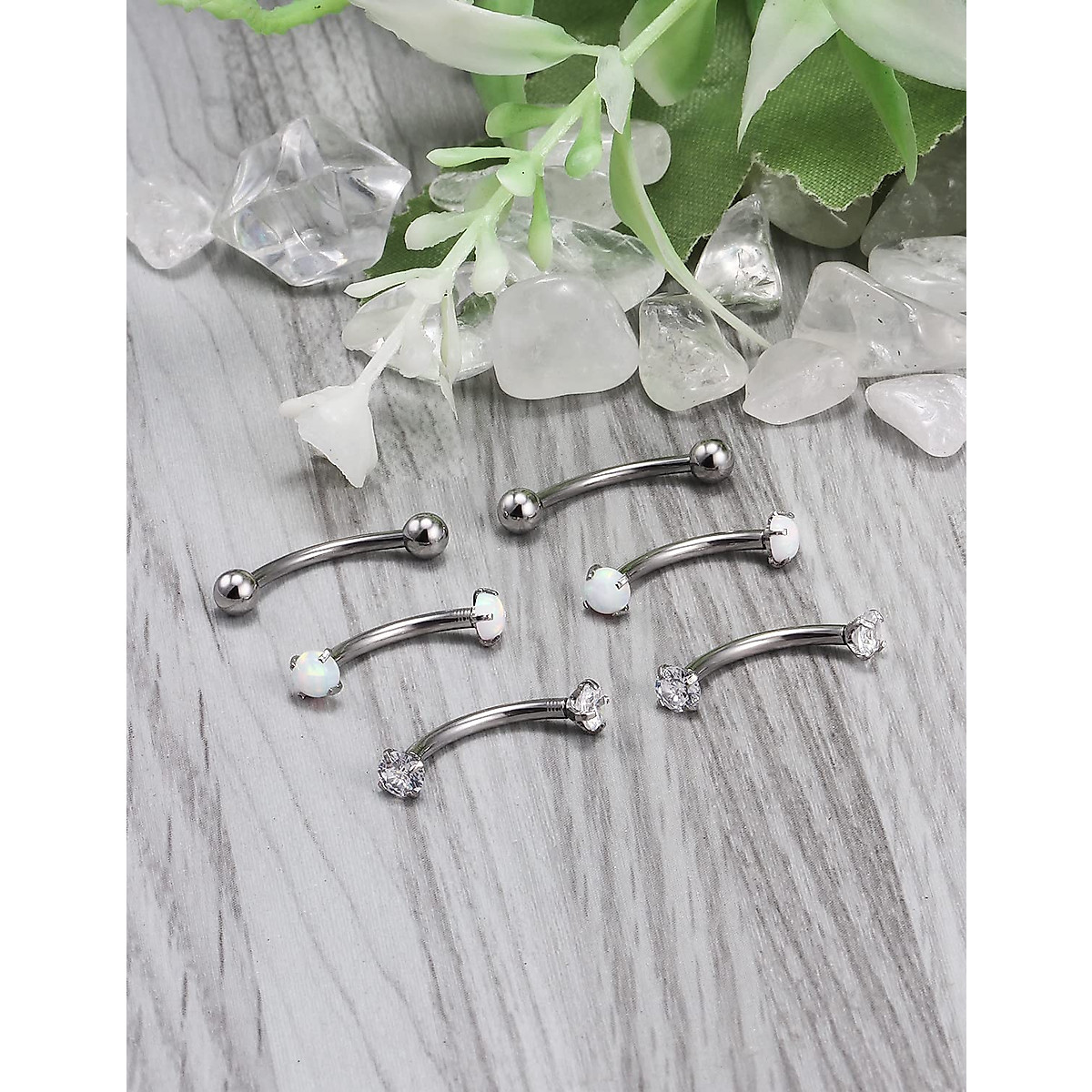 Ocptiy 16G Small Belly Button Ring Surgical Stainless Steel Curved Barbell Bar Eyebrow Navel Vertical Lip Labret Ring Helix Tragus Rook Daith Earring Stud Piercing Jewelry Women Men Silver 10mm Opal
