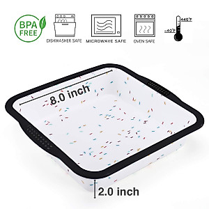 Colorful Taco Holder Stands Set of 6 - Premium Large Taco Tray Plates Holds Up to 3 or 2 Tacos Each, PP Health Material & Non-Stick Silicone Square Cake Pan 8 x 8 inch with reinforced Stainless Steel