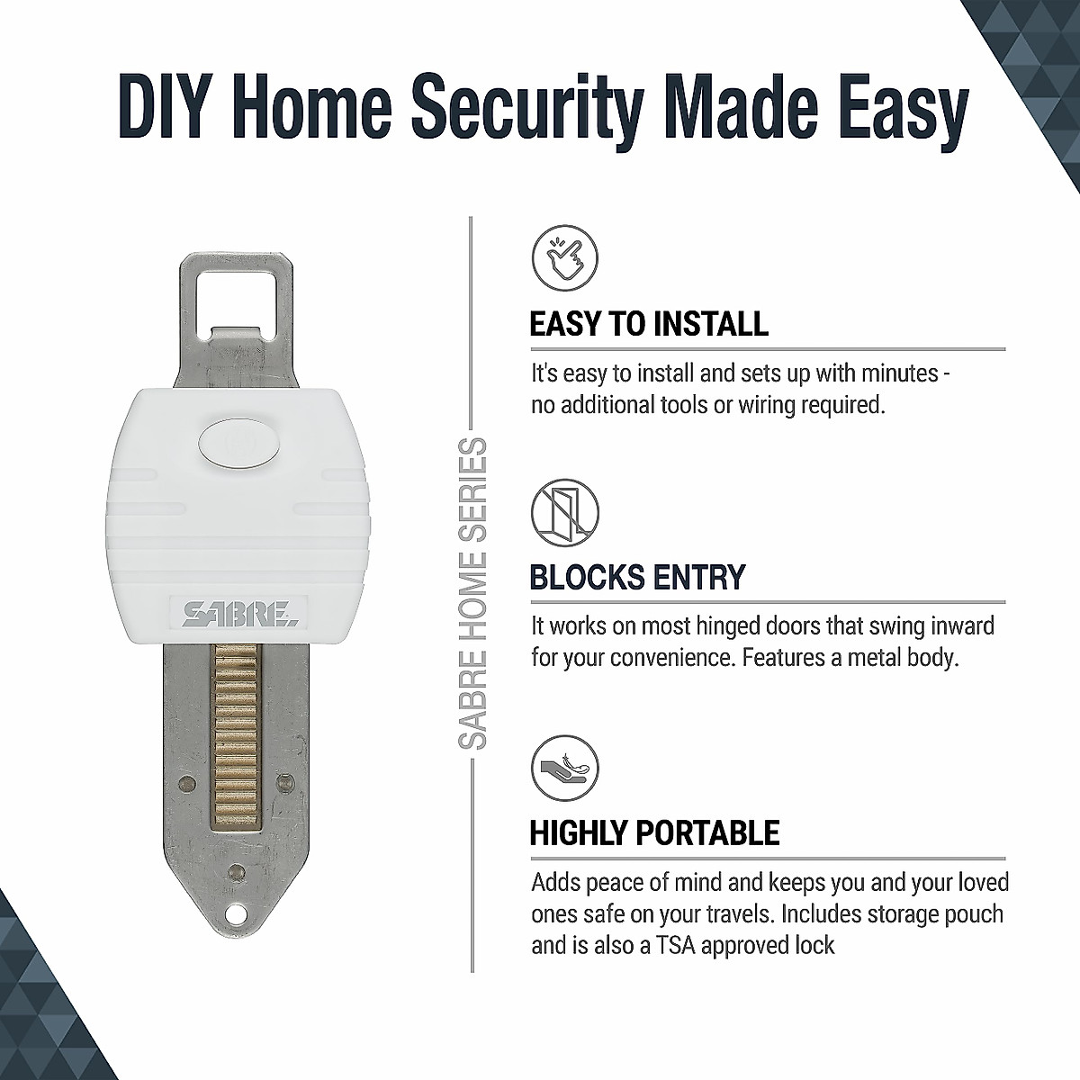 SABRE Portable Door Lock, White, Key Lock, Lightweight & Easy to Carry, Additional Home Security for Hotels, Apartments, Dorms, & Vacation Rentals, Quick Install