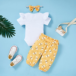 GRNSHTS Infant Baby Girl bumble bee clothes Letter Print Romper Honey Bees Pants Bowknot Headband Outfits Set（Yellow 2, 3-6 Months