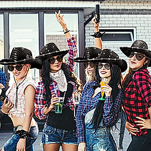 6 Pack Light Hat Space Cowgirl Hat LED Flashing Hat with 6 Heart Glasses 6 Paisley Bandanna Western Cowboy Costume(Black)