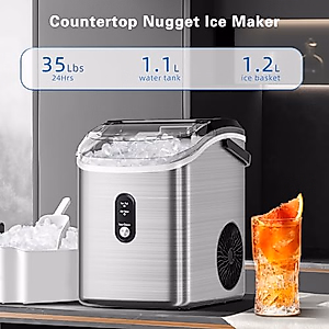 ZAFRO Nugget Ice Maker Countertop with Handle, Stainless Steel, 35Lbs/24Hrs,7 Mins Ice Making, Pellet Ice Maker with Ice Basket/Ice Scoop for Home/Bar/Party/Office