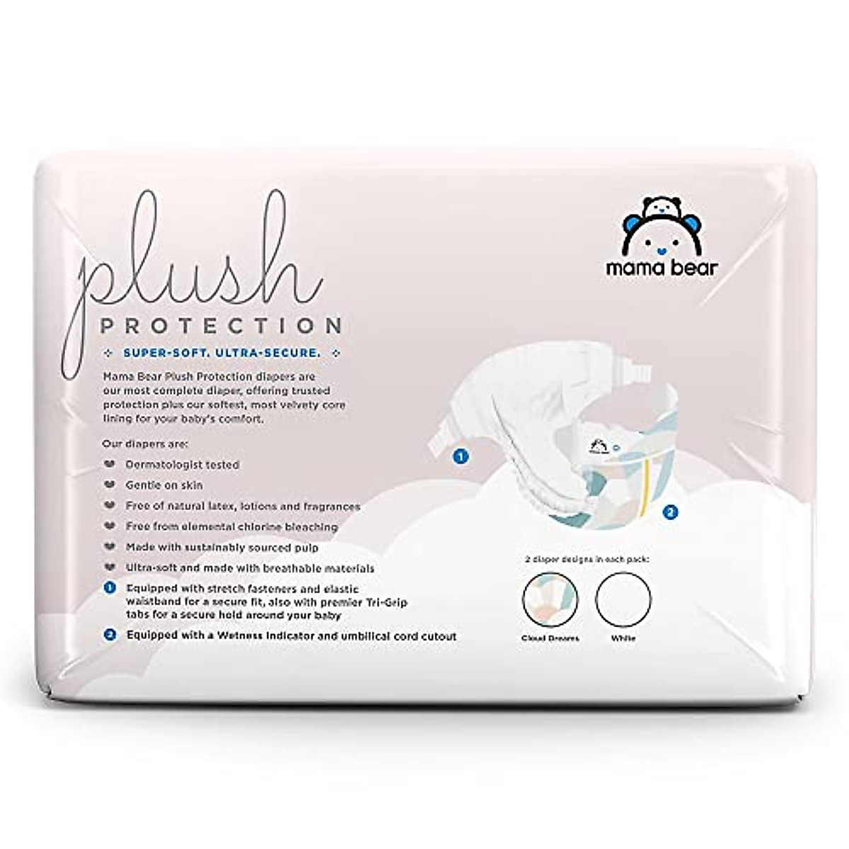 Amazon Brand - Mama Bear Plush Protection Newborn Diapers, Ultra-soft, Hypoallergenic, Dermatologist Tested, For Babies Weighing Up to 10 Pounds, Assorted Print, 32 Count, White
