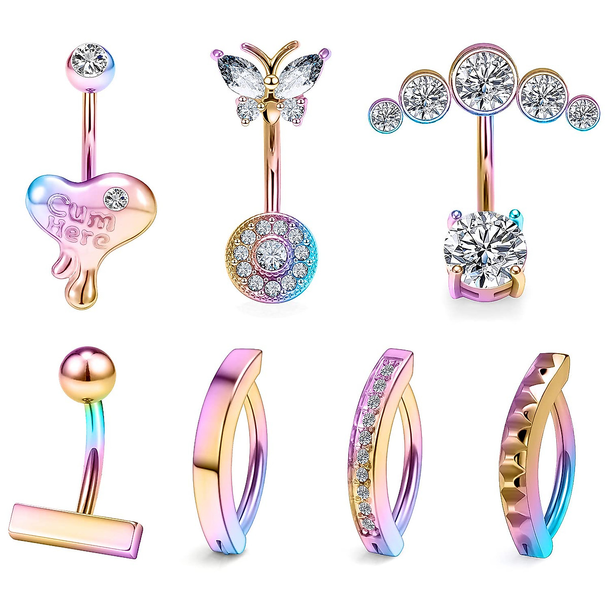 14G Belly Button Rings Belly Rings for Women Stainless Steel CZ Belly Piercing Jewelry Surgical Steel Clicker Belly Button rings Curved Navel Ring Barbell Body Jewelry Piercing Rainbow 7Pcs 10MM