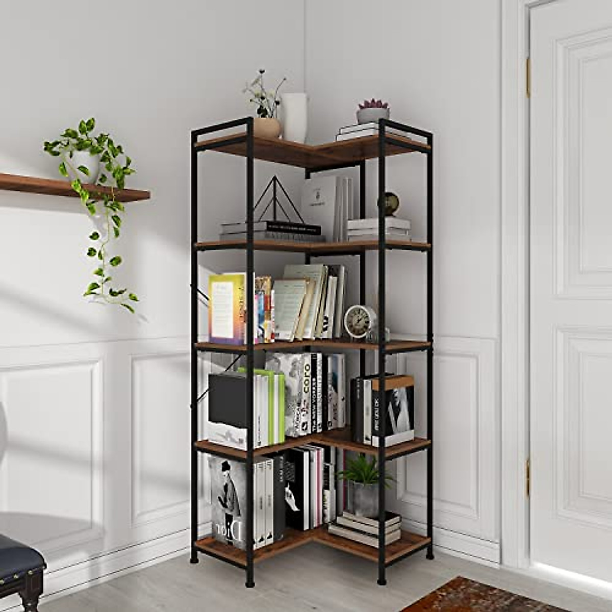 Tohomeor Bookshelf 5 Tier Deformable Corner Bookcase Free Standing Modern Industrial Book Storage Display Book Shelf for Bedroom Living Room Study Room Office (Brown)