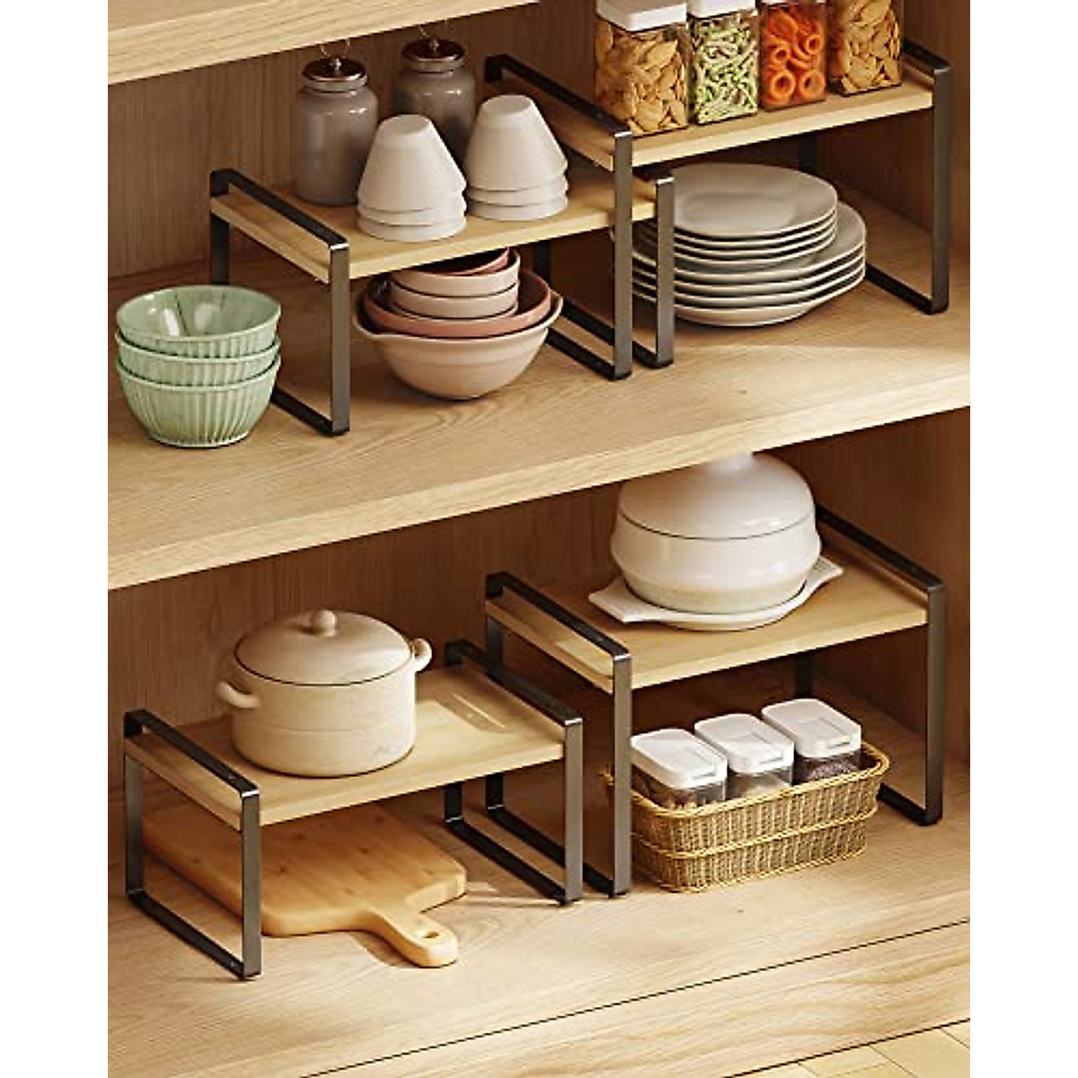 HILINSIE Cabinet Organizer Shelf- Set of 2 Kitchen Counter Shelves, Expandable Spice Racks, Stackable Counter Top Shelf, Engineered Wood and Metal, 7.7 x 11.6 x 14 Inches, Natural and Black