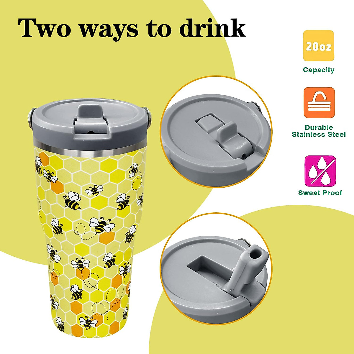 Hachishun Bee Tumbler with Handle Stainless Steel Vacuum Insulated Flip Straw- Honey Bee Gifts for Women Men - Yellow Bee Coffee Mug, Cup 20 Oz -Bee themed gifts, Bee keepers Gift