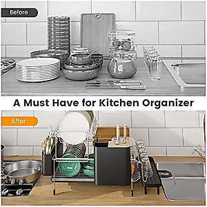 GOFLAME Dish Drying Rack with Drainboard, 2-Tier Detachable Dish Rack with 360°Swivel Spout, Utensil Holder, Cup Holder, Large Capacity Dish Drainer Set for Kitchen Counter