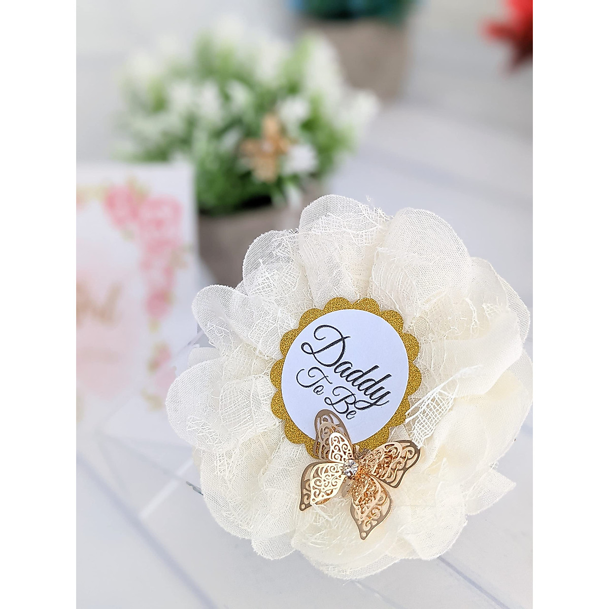 Daddy To Be Button | Dad To Be Pin| Gold Butterfly Baby Shower Ribbon | 3.5" Across | Ivory Lace Flower Corsage | Father To Be Keepsake Gift | Baby Sprinkle Pin